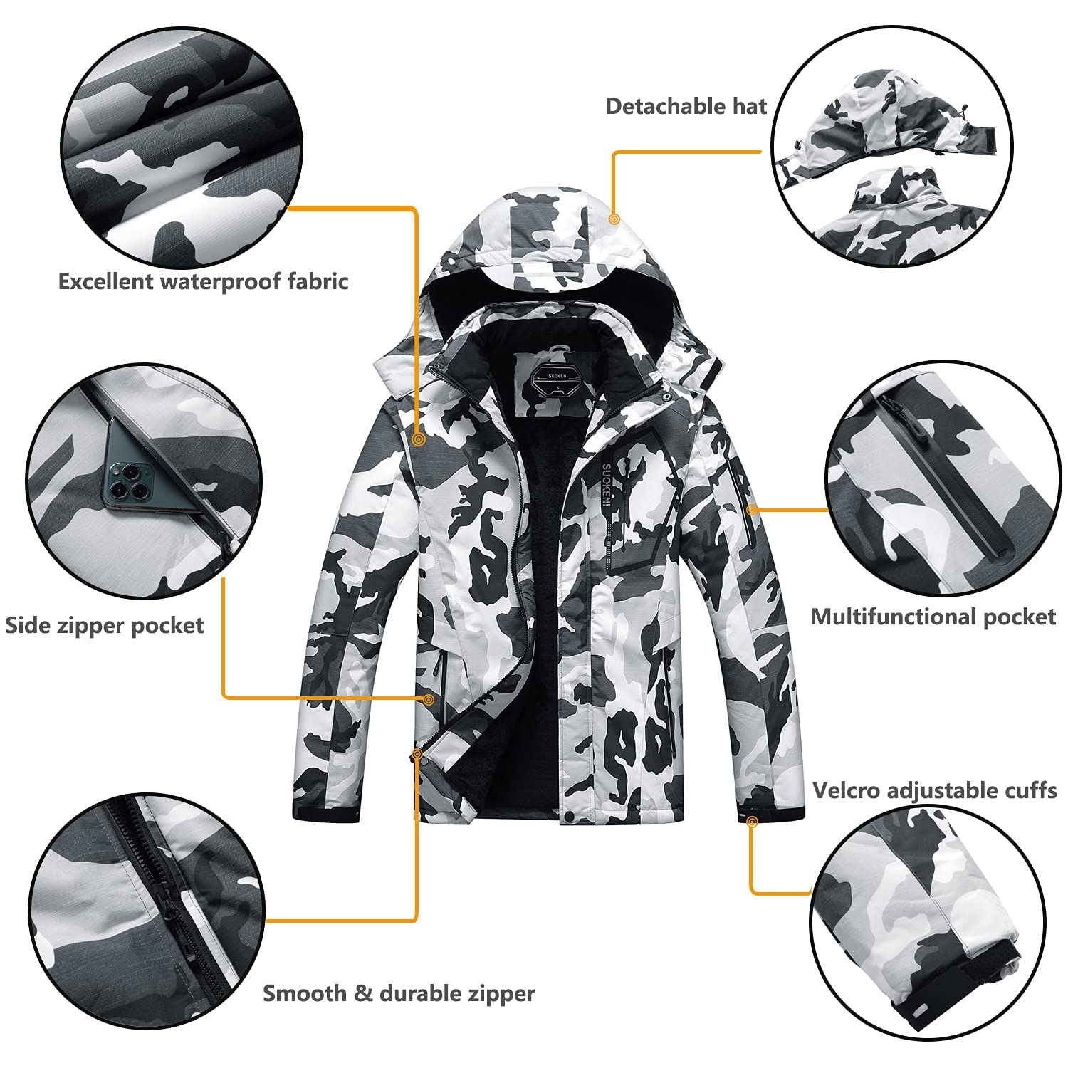 SUOKENI Men's Waterproof Ski Jacket Warm Winter Snow Coat Hooded Raincoat XX-Large