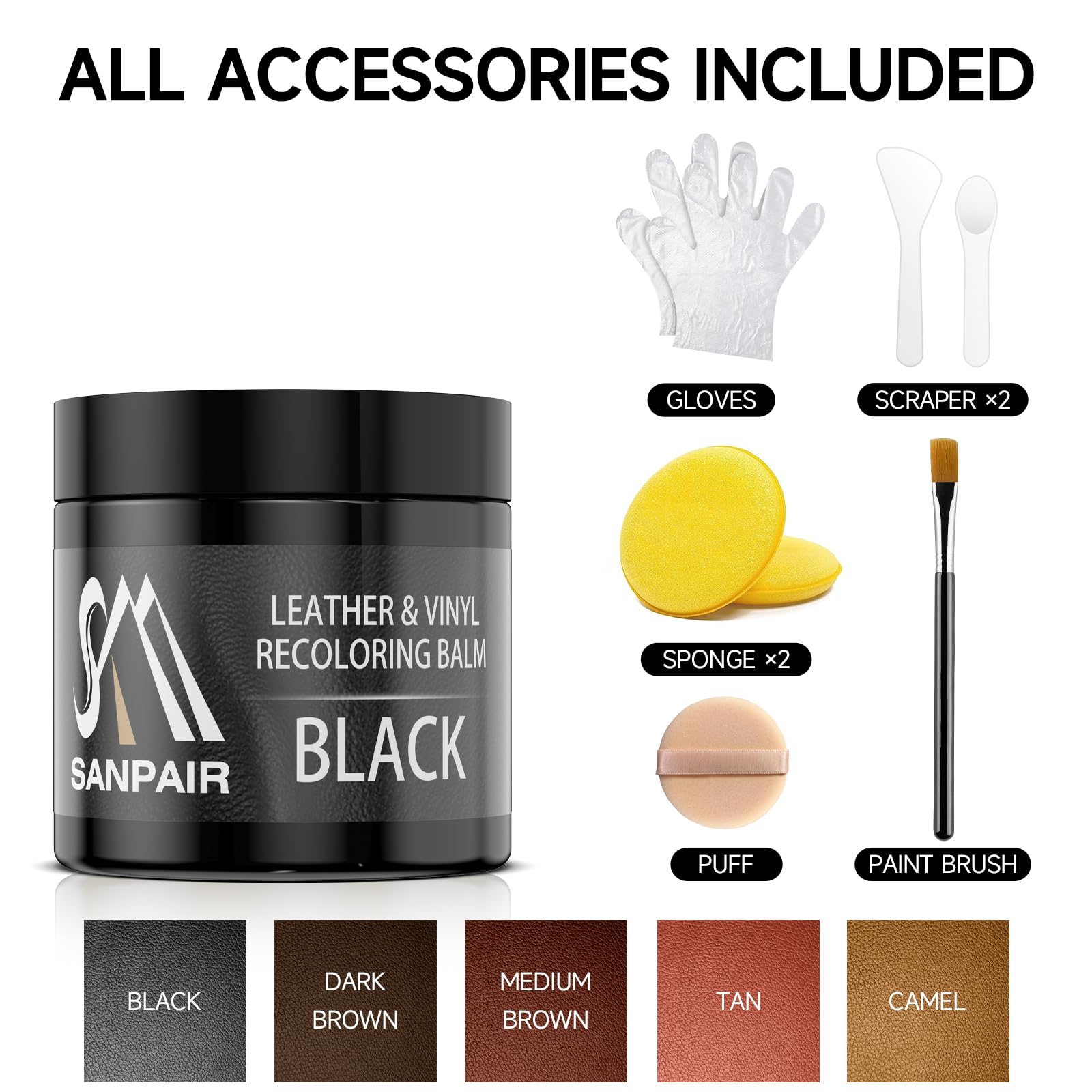 SANPAIR Black Leather Recoloring Balm, Leather Color Restorer, Leather Scratch Repair, Leather Balm, Black Leather Paint, Leather Sofa Stain Remover for Couch, Furniture and Car Seat