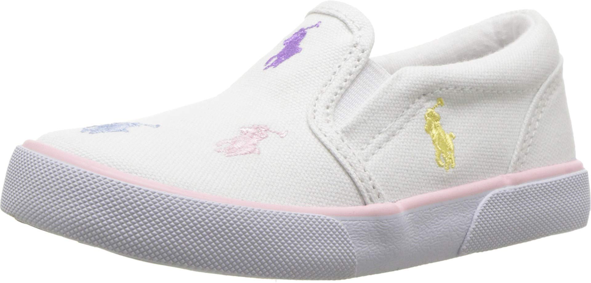 Polo Ralph Lauren Kids Girls' Bal Harbour Repeat Sneaker, White Canvas Pastel Multi pop, 4 M US Toddler