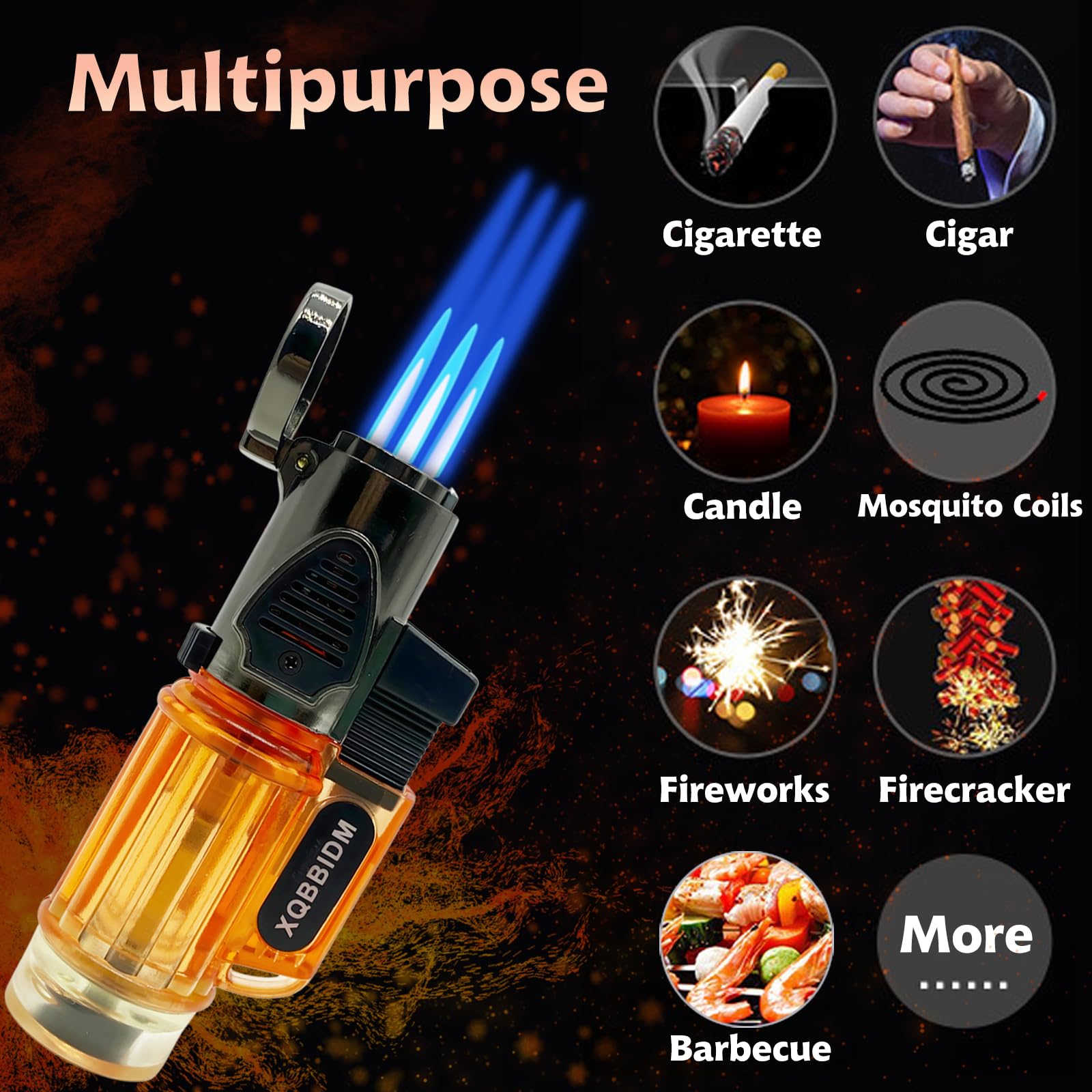 Torch Lighter, 3 Pack Jet Triple Flame Butane Lighters, Adjustable Windproof Flame Lighter with Transparent Fuel Window & Flame Fixed Lock, Portable Torch Lighters for Candle Camping (without Butane)