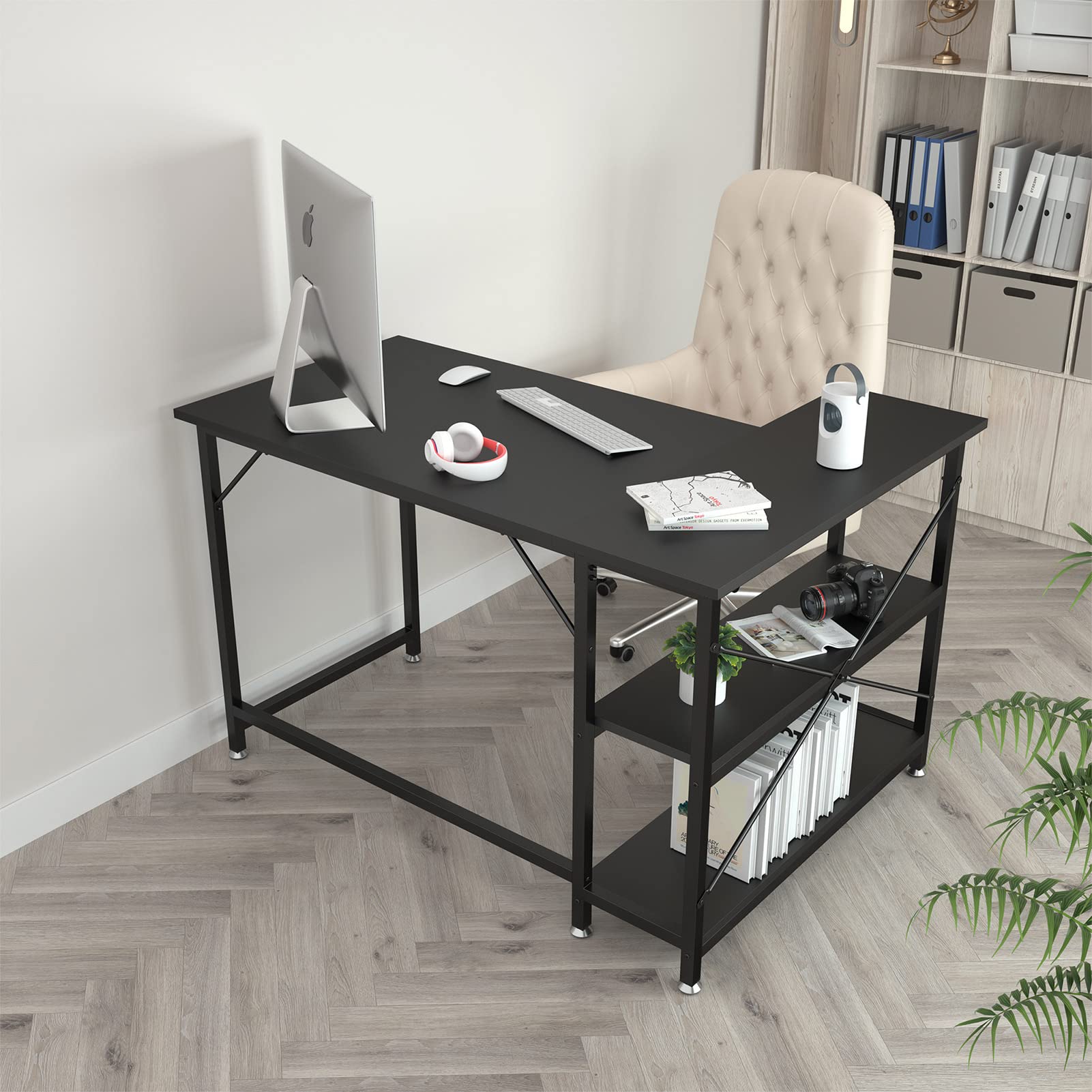 SunyesYo L Shaped Computer Desk 47 in - Small Office Home Gaming Desk with Storage Shelves - Study Writing Corner Table, Reversible Sturdy Workstation, Work PC Desk, Classic Black