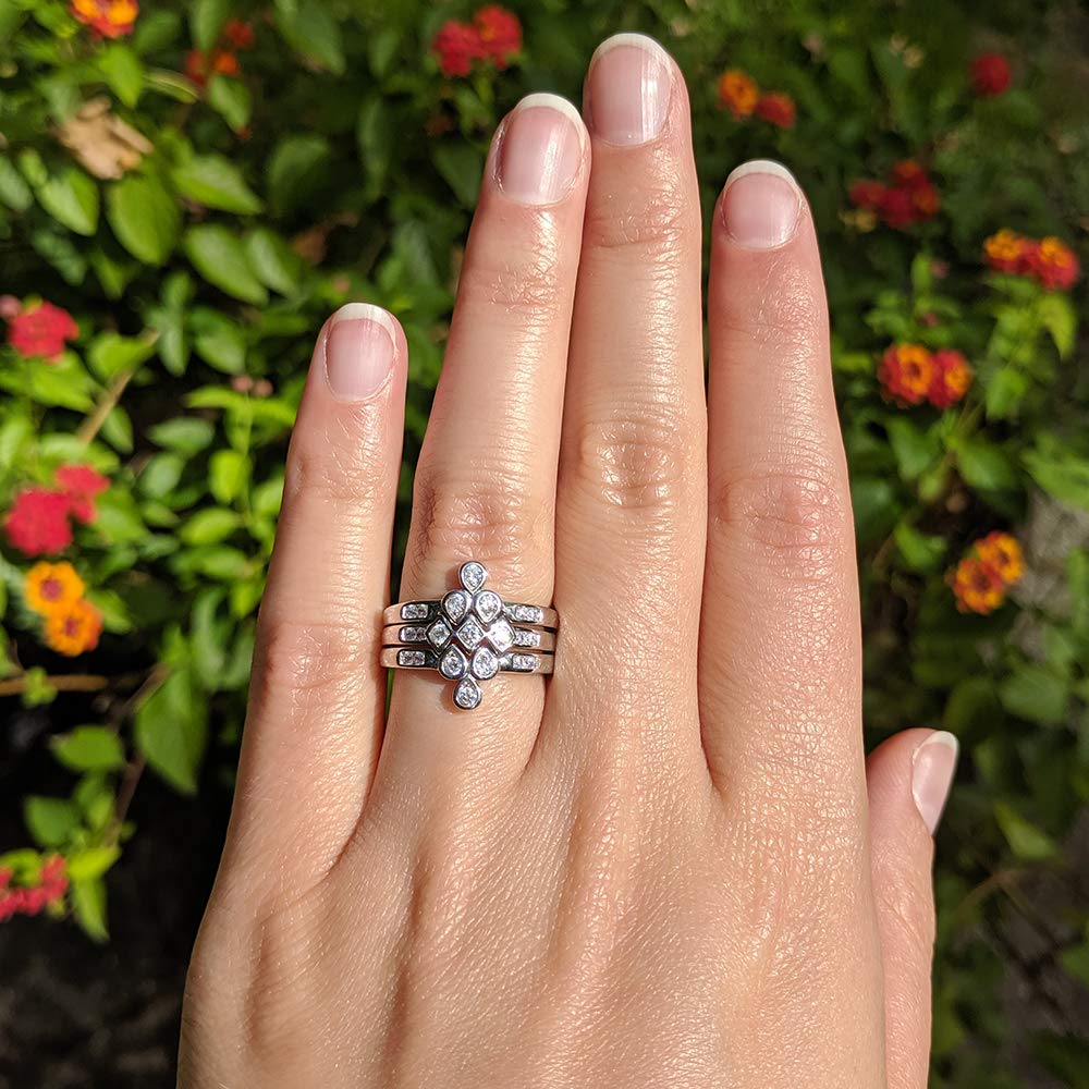 Sterling Silver V Shaped Round Trio Ring Stack with Cubic Zirconia Chevron Three Piece Dainty Puzzle Stacking Rings (Size 8)