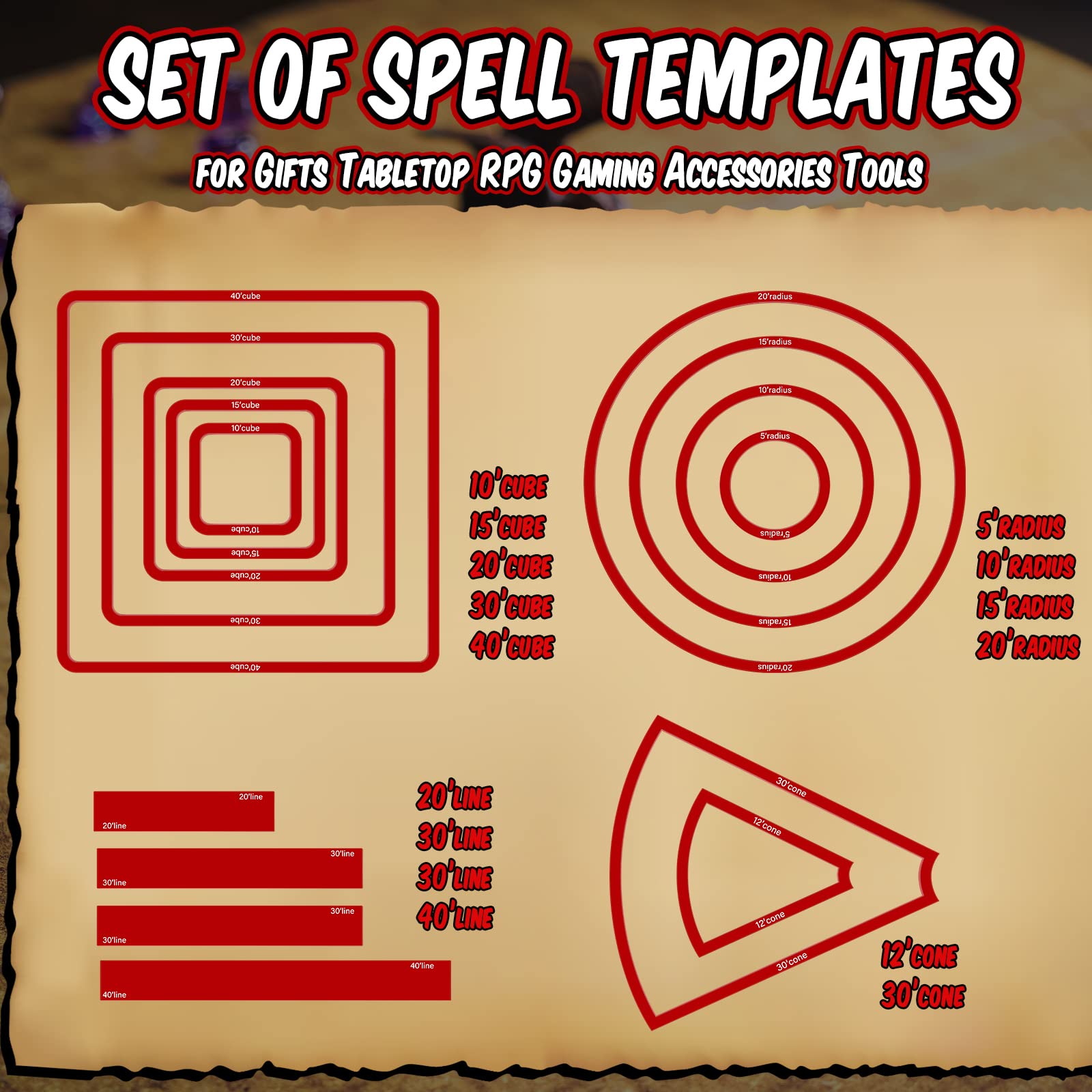 Sintuff 15 Pcs Spell AOE Damage Template Red Translucent Acrylic Area of Effect Spell Templates Set Include 5 Cube 4 Circle 2 Cone 4 Line Templates for Gifts Tabletop RPG Gaming Accessories Tools