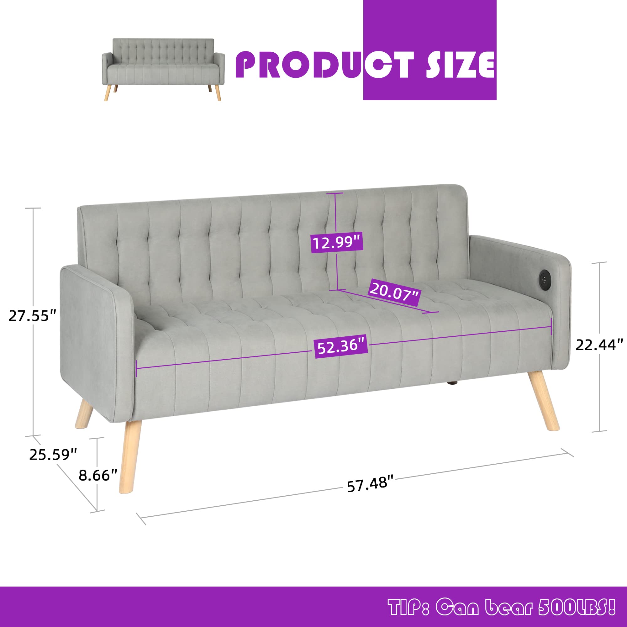 TYBOATLE 57“ Modern Striped Linen Upholstered Loveseat Sofa w/ 2 USB Charging Ports, Mid Century Couch for Small Space Configuration, Living Room, Office, Apartment, Dorm, Grey