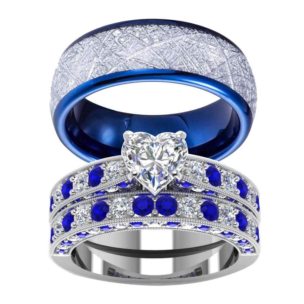 Two Rings His Hers Wedding Ring Sets Couples Matching Rings Women's 2pc White Gold Filled Heart CZ Wedding Engagement Ring Bridal Sets Men's Stainless Steel Wedding Band