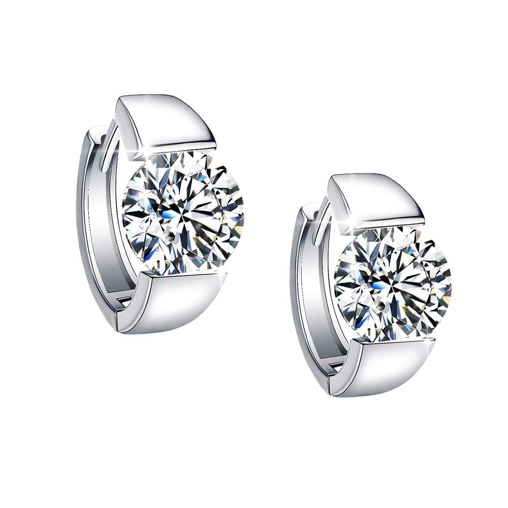 Sterling Silver Huggie Hoop Earrings, Fine Hoops Earrings CZ Cubic Zirconia Platinum Plated Small Silver Hoop Earrings for Women