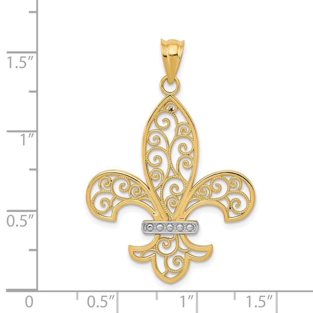 Solid 14k Yellow Gold Two Toned Filigree Fleur de Lis Pendant Charm - 40mm x 25mm