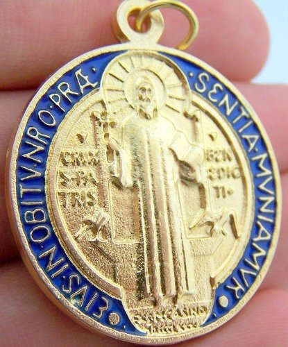 Religious Gifts Gold Tone Red and Blue Enamel Saint Benedict Medal Pendant, 1 1/4 Inch