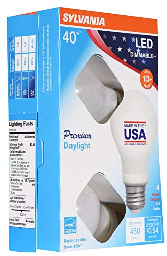 Sylvania 5000K, 40237 40 Watt Equivalent, A19 LED Light Bulbs, Dimmable, Energy Star Rated, Daylight Color, Made in The USA with US and Global Parts, 4 Pack, 4-Pack, 4 Count