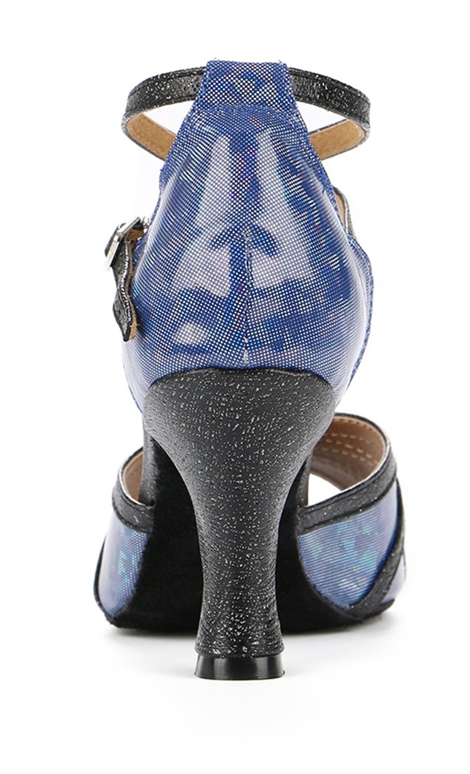 TDA Women's Ankle Strap Peep Toe Classic Blue Leather Salsa Tango Ballroom Latin Modern Dance Wedding Shoes 6.5 M US