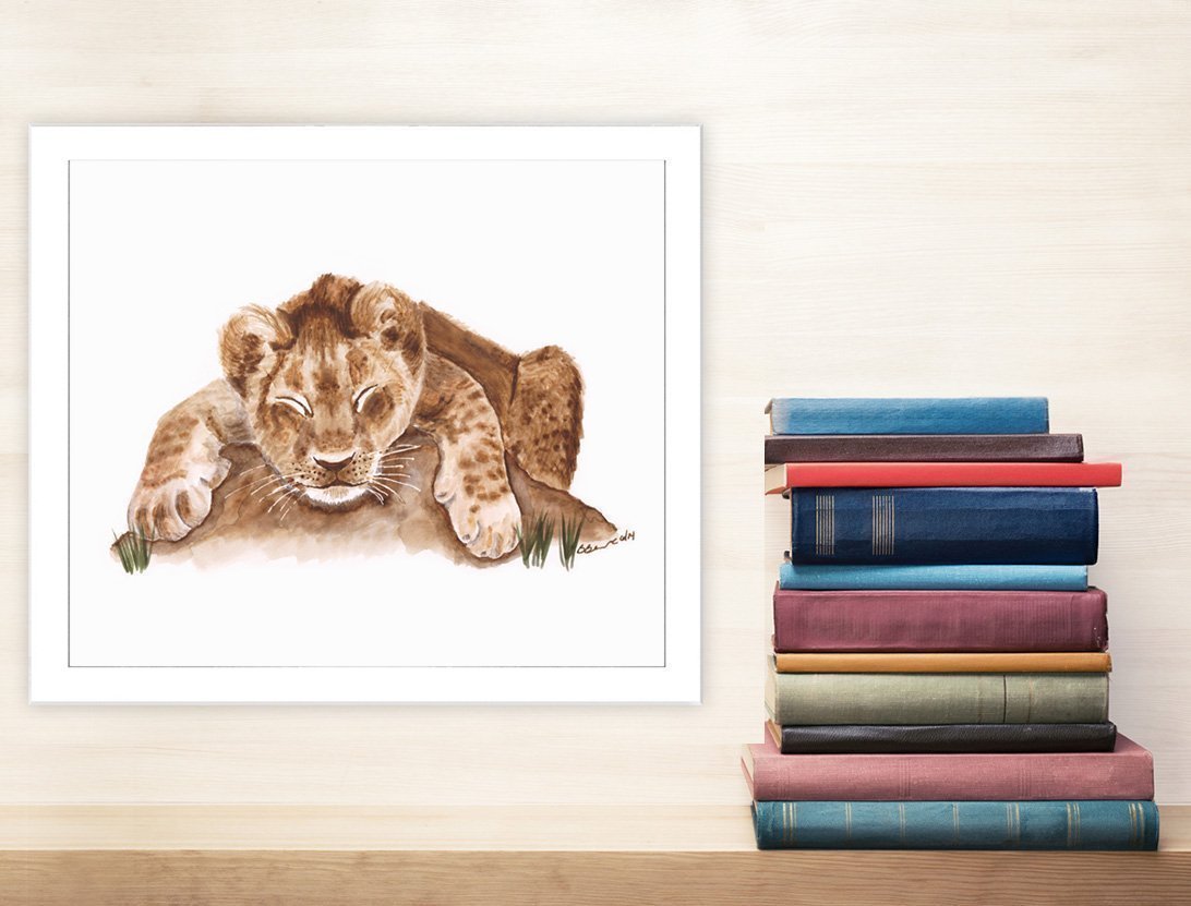 Sleeping Baby Lion Cub Print Children's Room Decor or Nursery Wall Art Available In Various Sizes, Safari Nursery Art Print