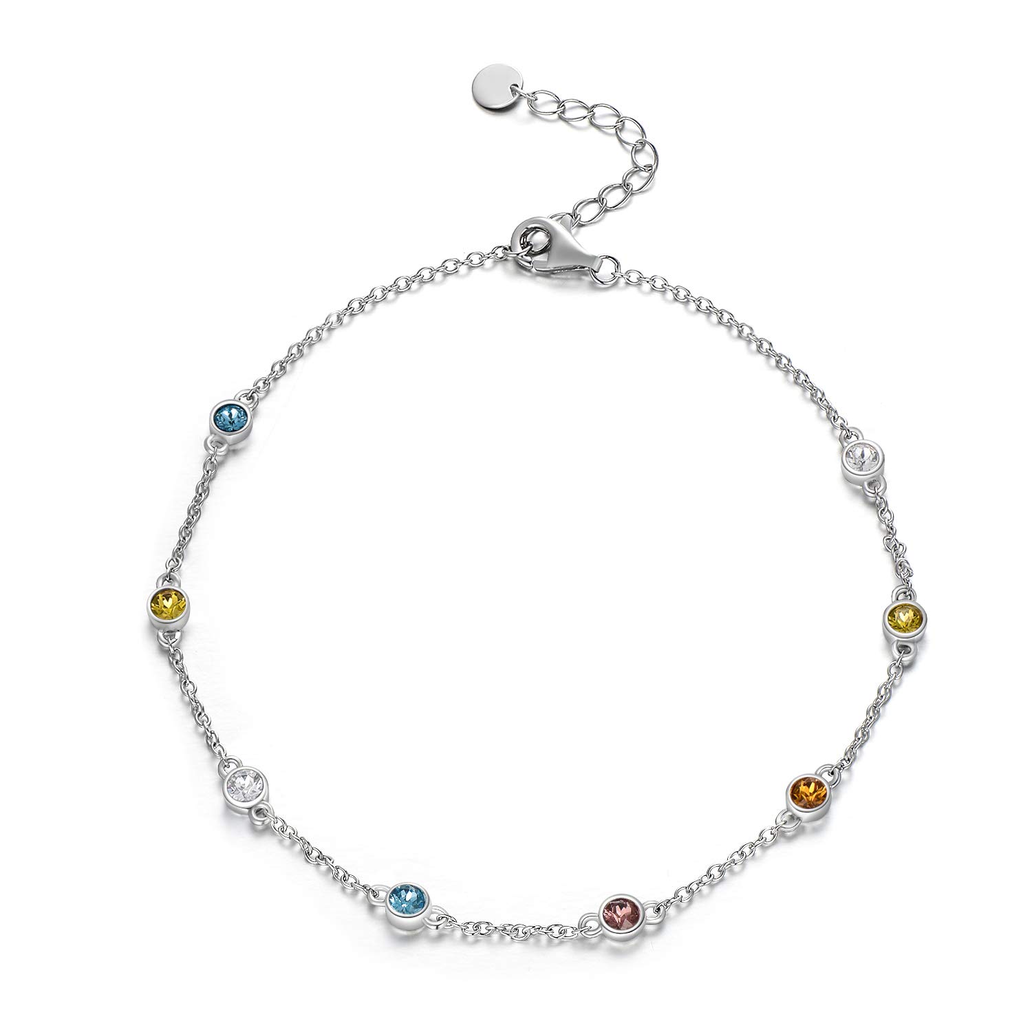 Sterling Silver Rainbow Planet Galaxy Anklet Ankle Bracelet with Multicolor Swarovski Crystals, Wonderful Beach Time Anklet for This Spring & Summer, Anniversary Birthday Jewelry Gifts for Women