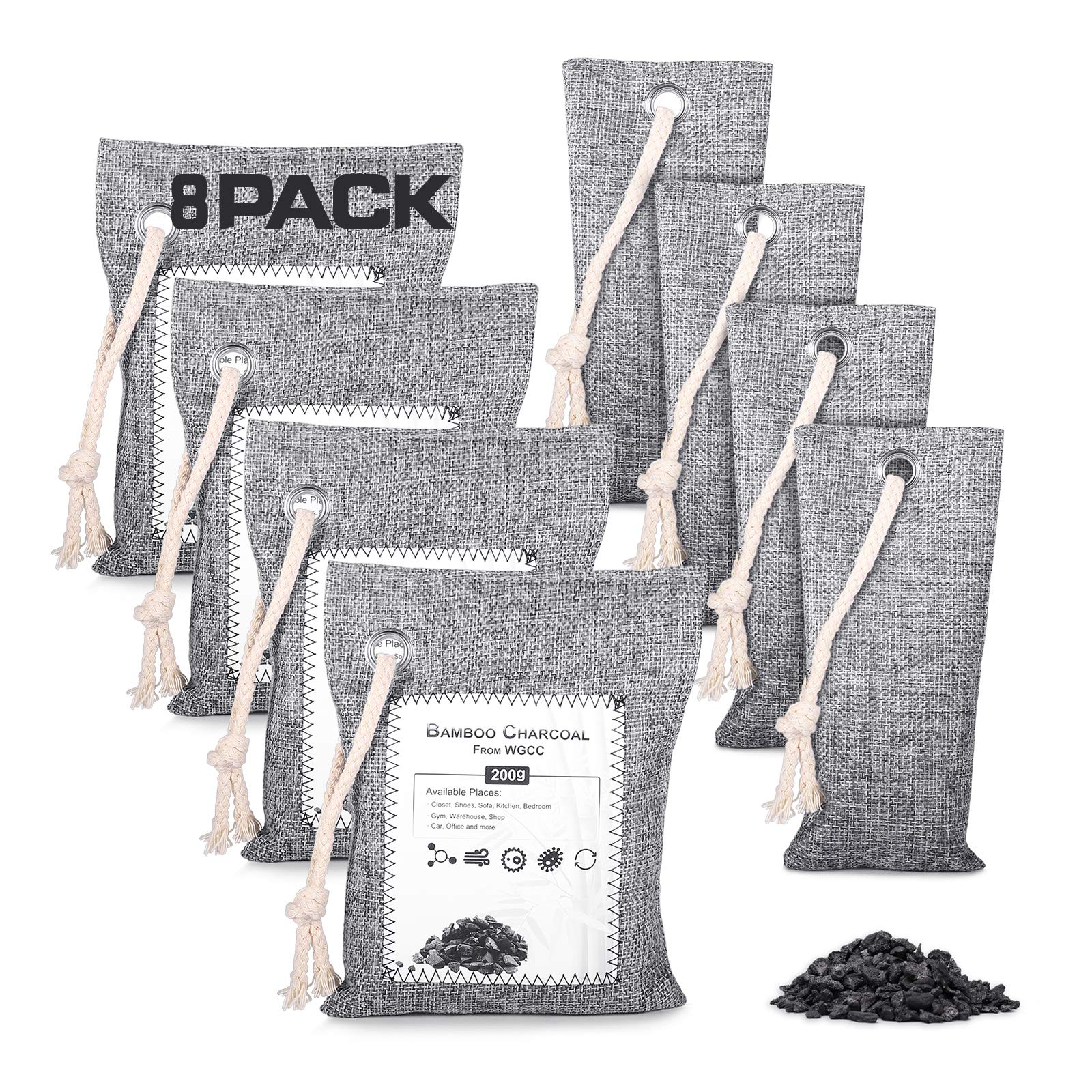 WGCC Bamboo Charcoal Air Purifying Bag 8 Pack, Activated Charcoal Bags Odor Absorber, Natural Car Air Freshener, Moisture Absorber for Closet, Shoe, Car, large Room, Pet Safe (4x75g, 4x200g)