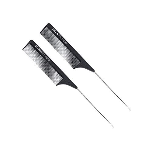 SALONSOLUTIONS Black Carbon-Fiber Anti-Static Fine-Tooth Comb with Durable Stainless-Steel Pintail (2 PCS)