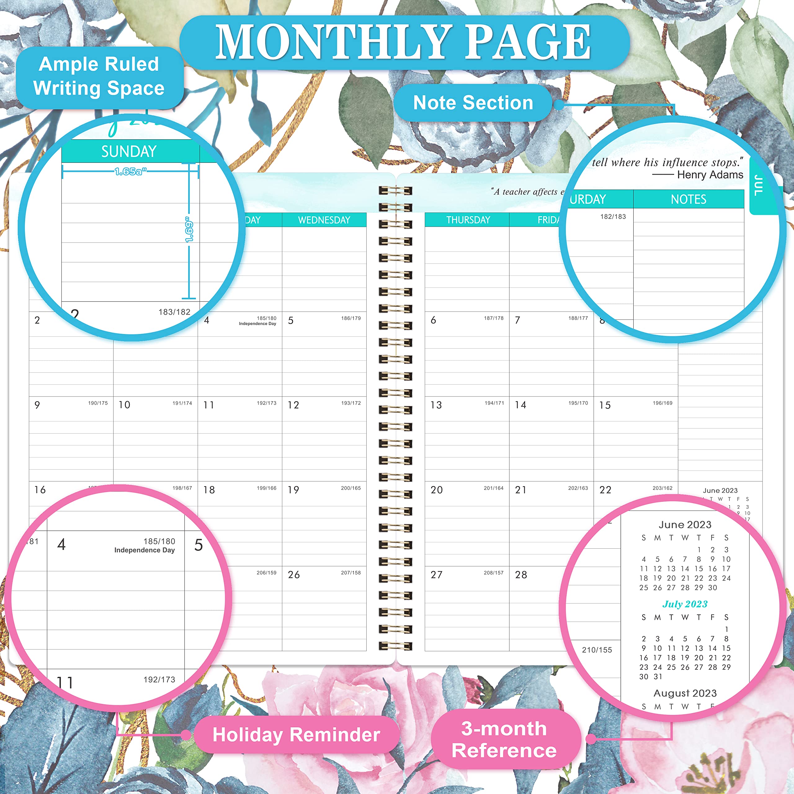 Teacher Planner 2023-2024 - 2023-2024 Weekly & Monthly Lesson Plan Book, July 2023 - June 2024, 8" x 10", Academic Planner 2023-2024 with Twin-Wire Binding for Teachers - Ink-painting Roses