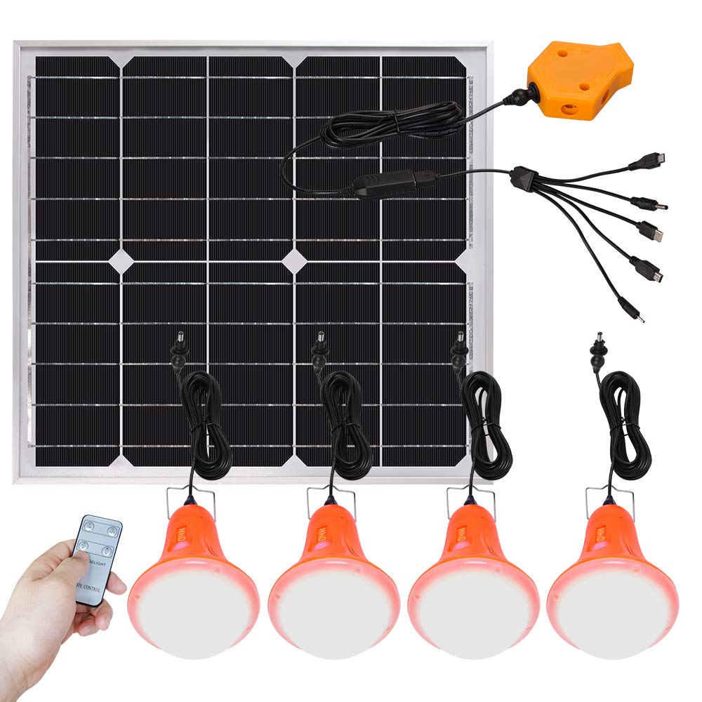 Roopure 20W Solar Panel Light Kit Off Grid Pendant Lights Remote Control Solar Powered Shed Lights 4 LED Bulbs Detachable 16.5FT Cord, Outdoor Emergency, Cellphone Charge Output, Camping Power Supply