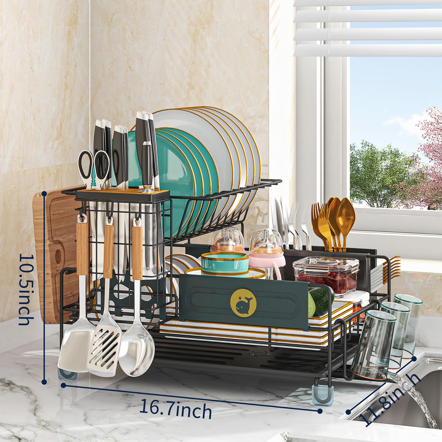 slhsy Dish Drying Rack for Kitchen Counter,Detachable 2 Tier Stainless Steel Dish Strainers with Utensil/Cup/Cutting-Board Holder and Knife Block Rust-Proof Dish Drainer,Black