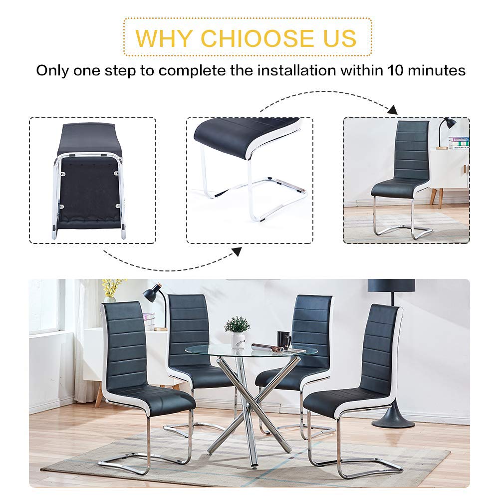 STYLIFING Dining Room Set Round Clear Glass Top Crisscrossing Chrome Metal Legs Kitchen Table and 4 Modern High Back Black Faux Leather Chairs Home Kitchen Office Waiting Room Use
