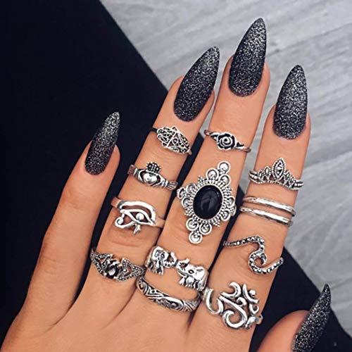 Woeoe Boho Silver Stackable Rings Carved Vintage Joint Nail Ring Sets Retro Gemstone Knuckle Midi Rings Set for Women and Girls