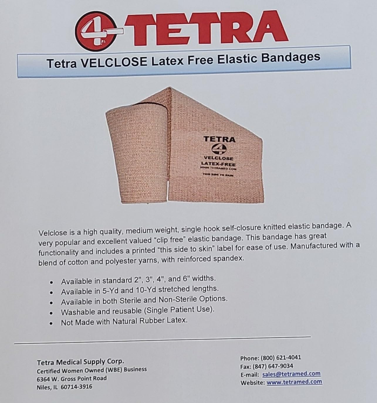 Tetra Elastic Bandage Velclose Single Clip Free Closure 3" x 5Yd (Stretched Length) Latex-Free, 10 per Box