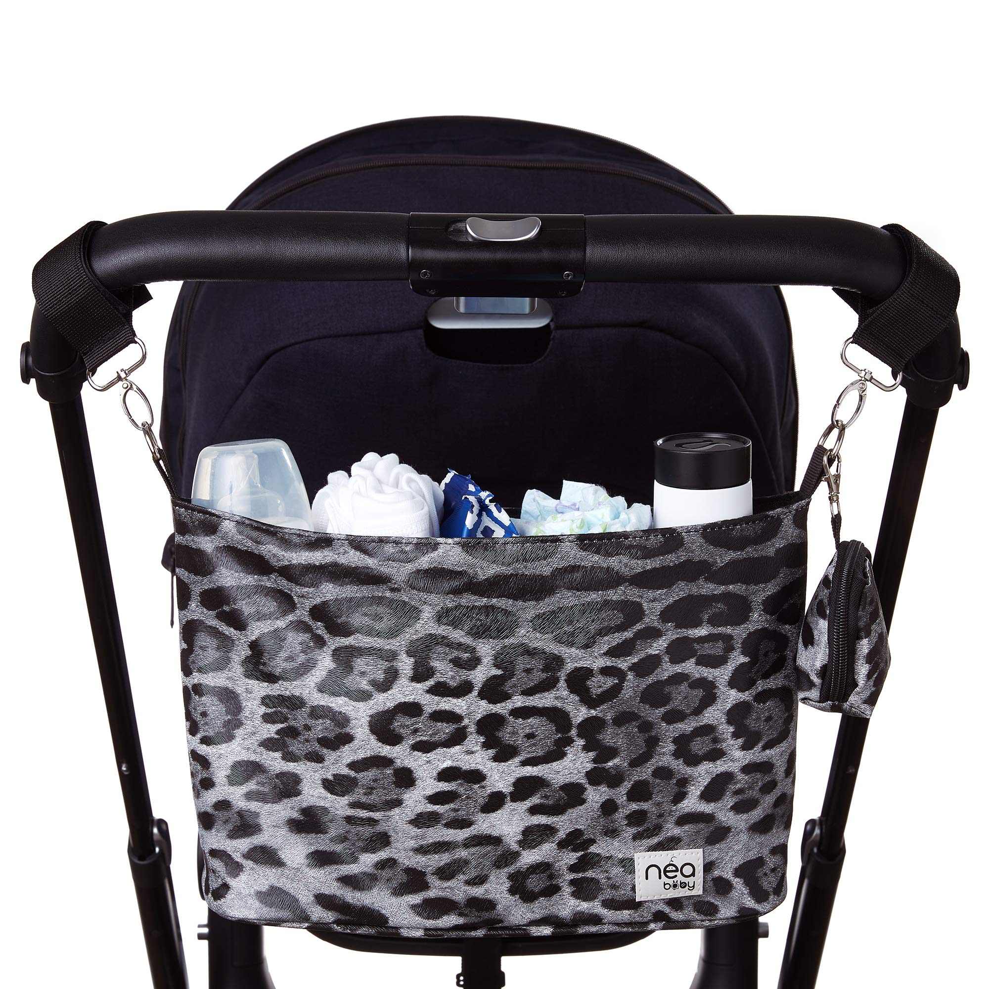 Stylish Stroller Organizer with Cup Holders and Detachable Pacifier Holder Case- Extra Storage Stroller Caddy Holds Mother’s Care Products- Black Leopard