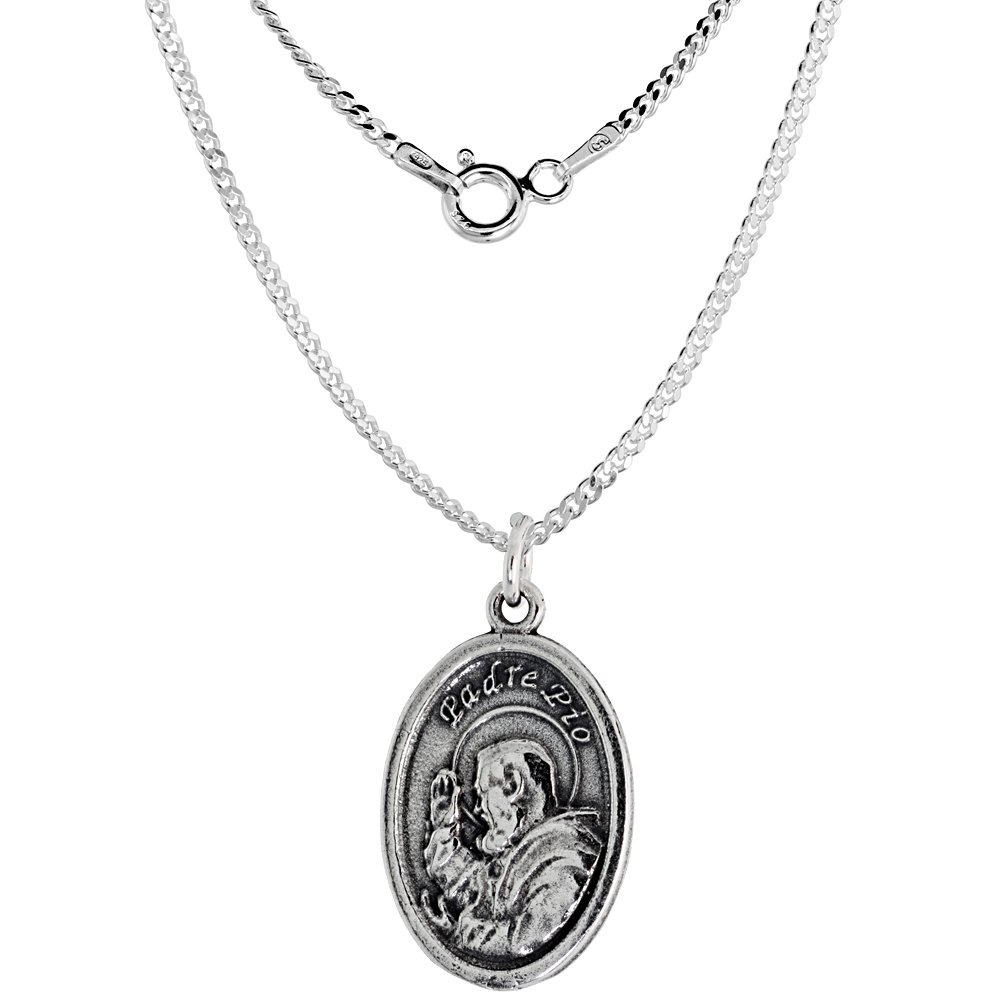 Sterling Silver St Padre Pio Medal Pendant Oxidized finish Oval 7/8 inch