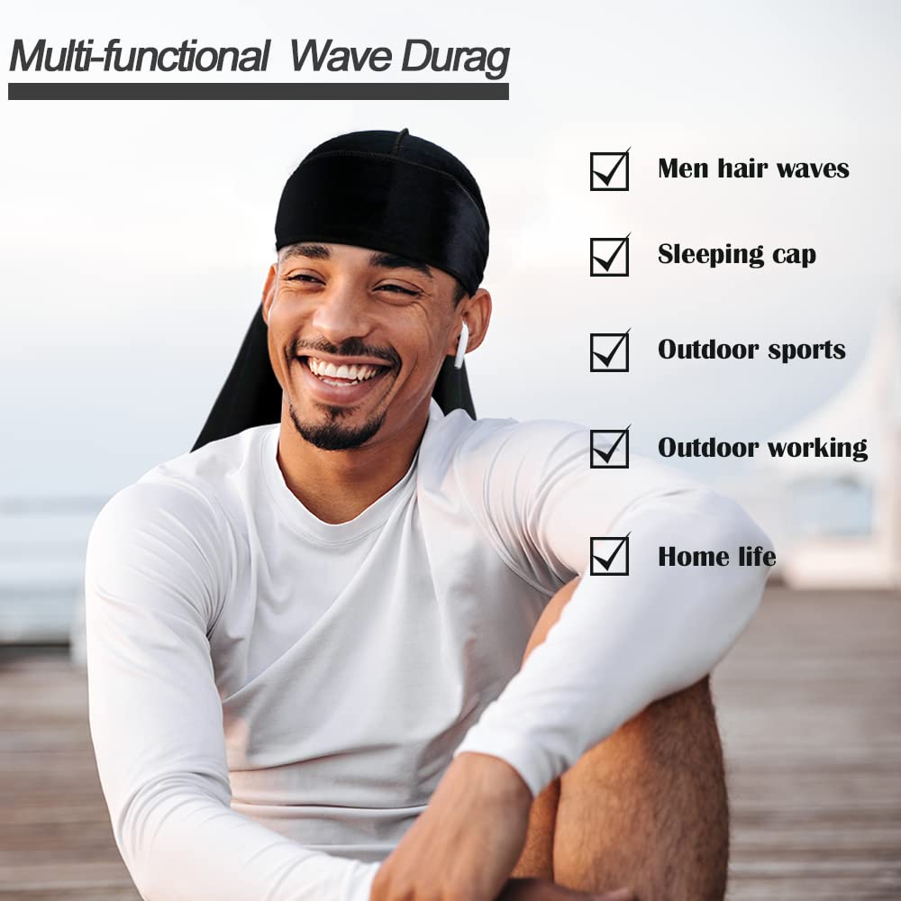 Velvet Men Durag –Premium Durag Cap Headwraps (2PCS) with Extra Long Tail and Wide Straps for 360 Waves