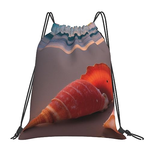 Shell Beach Sunset Drawstring Backpack For Men And Women'S Sports And Fitness Bag, Large Size, Zippered Pocket, Lightweight, Foldable And Portable For Travel