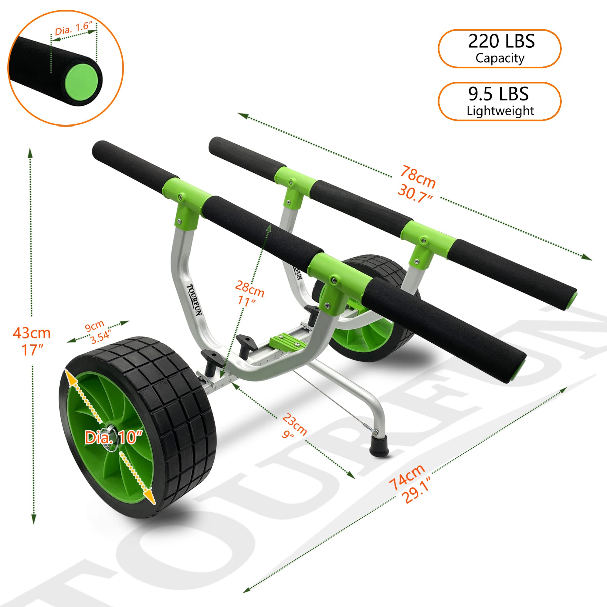 TOURFUN Kayak Cart, Paddle Board Cart Kayak Trolley Heavy Duty Canoe Dolly SUP Carrier with Airless Tires