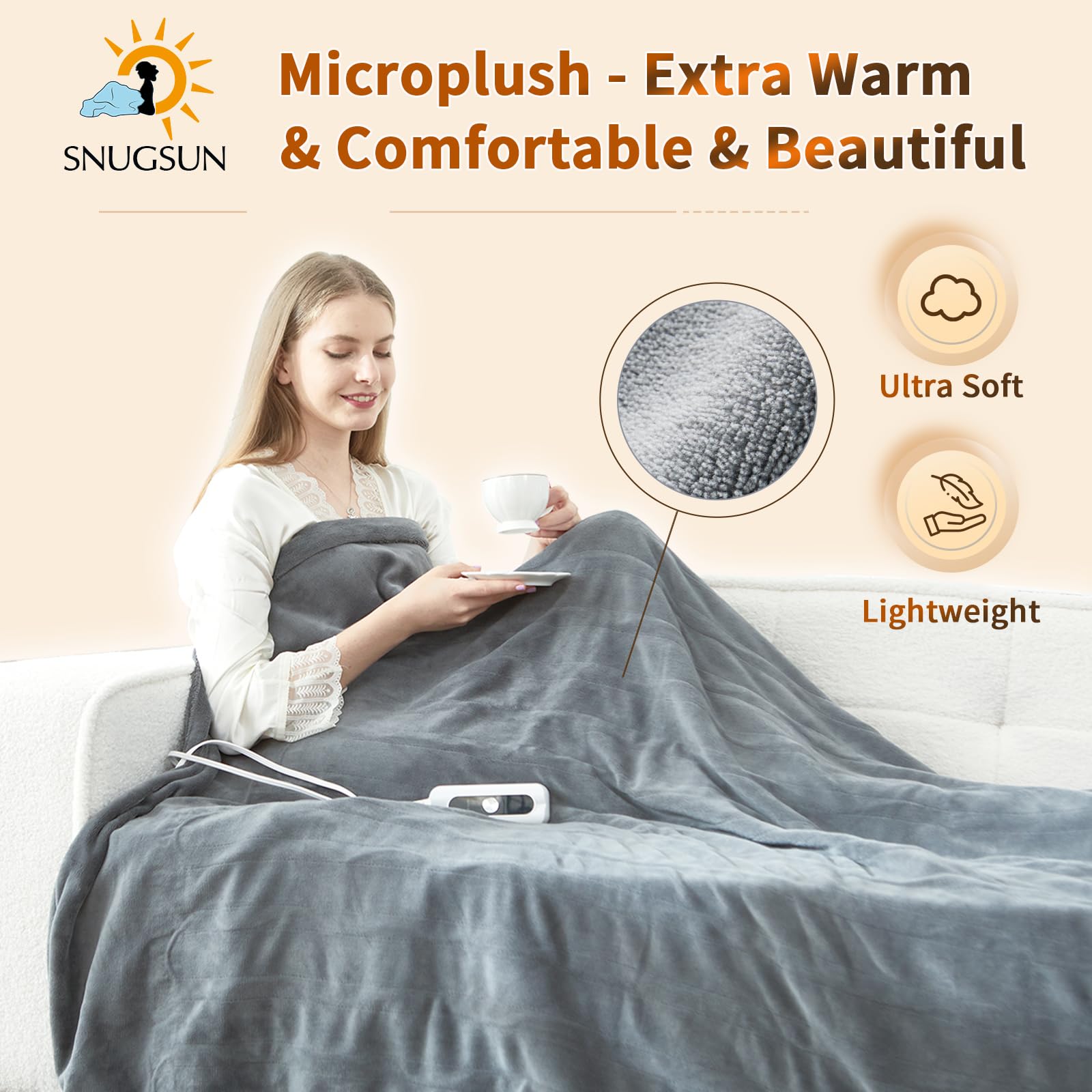 SNUGSUN Heated Blanket Twin Size 62"x 84", Microplush Flannel Electric Blanket, Soft Durable & Anti-pilling Heating Blanket, Fast Heating 6 Heating Levels & 10 Hours Auto-off, Dark Grey