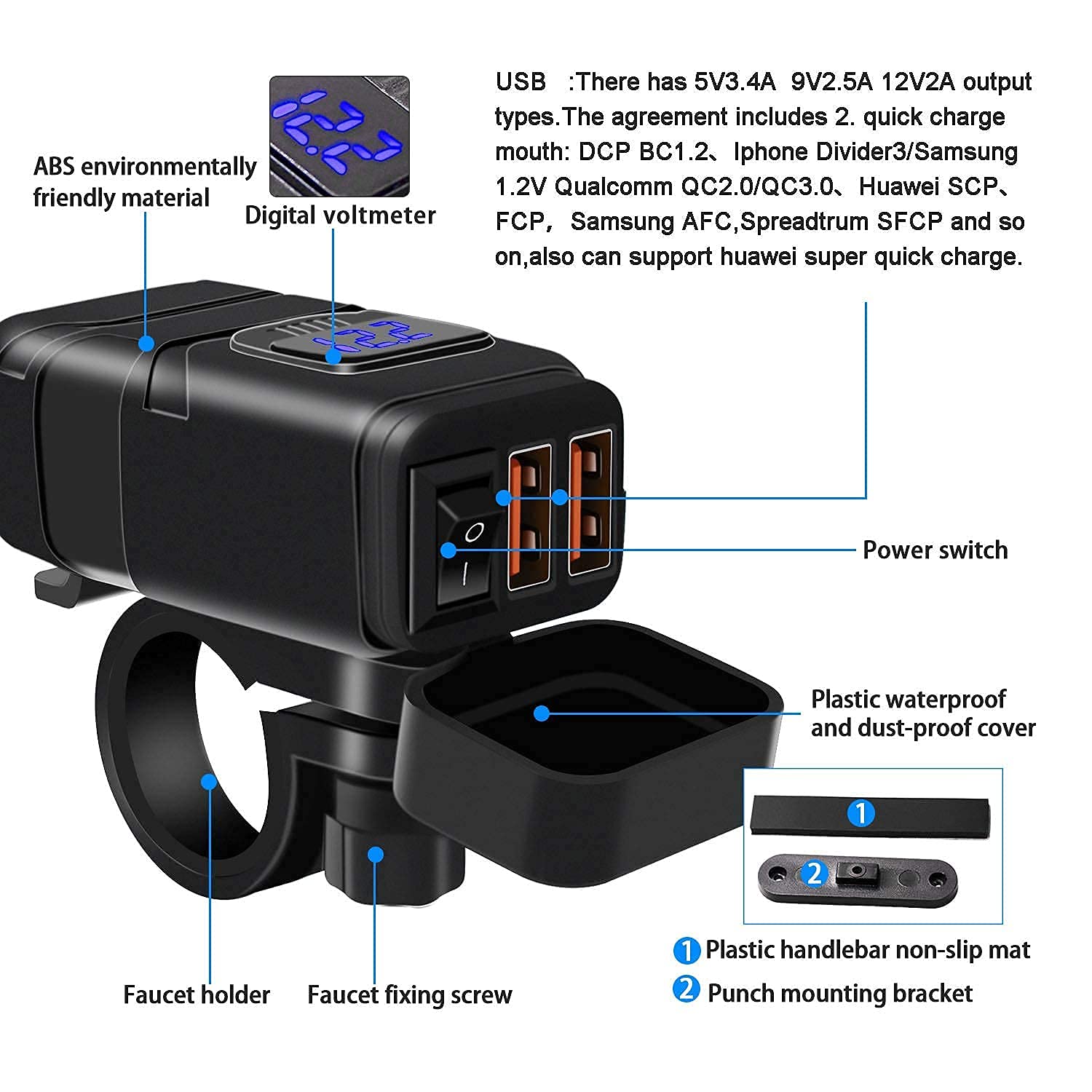 Vemote Motorcycle Phone Charger USB, Waterproof 6.8A Dual Port QC3.0 Fast Charging, Quick Disconnect SAE USB Adapter, Voltmeter, ON/Off Switch&Fuse for Phone,Tablet. (7/8inch Handlebar, Blue)