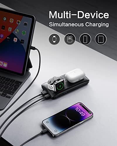 VRURC Wireless Portable Charger, 10000mAh Magnetic Power Bank, 3 in 1 Charger, 22.5W Fast Charing Battery Pack, 3 inputs 4 outputs Compatible with iPhone 15/14/13, iWatch 8/7/6, AirPods Pro/2 - Black