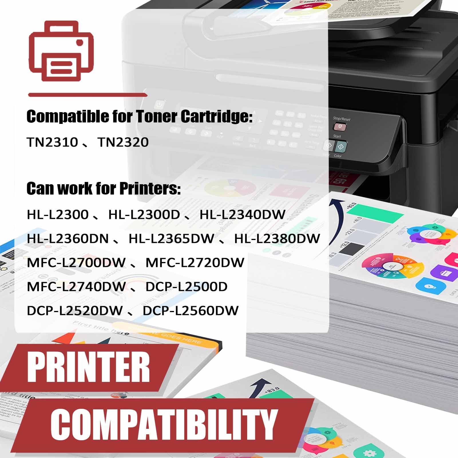 Replacement TN2320 Toner Cartridges Compatible for Brother TN 2310 TN2320 Toner Cartridge Work for Brother HL-L2300 HL-L2300D HL-L2340DW HL-L2360DN L2365DW Printers