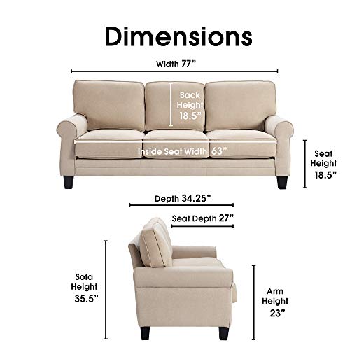 Serta Copenhagen 2 Two or Three Person Living Room Couch with Soft Foam-Filled Cushions, Easy-to-Clean Microfiber Upholstery, 77" Sofa with Storage, Beige