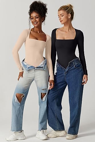 QINSEN Bodysuit Shirts for Women Square Neck Long Sleeve Shirt Double Lined Tops Marzipan M