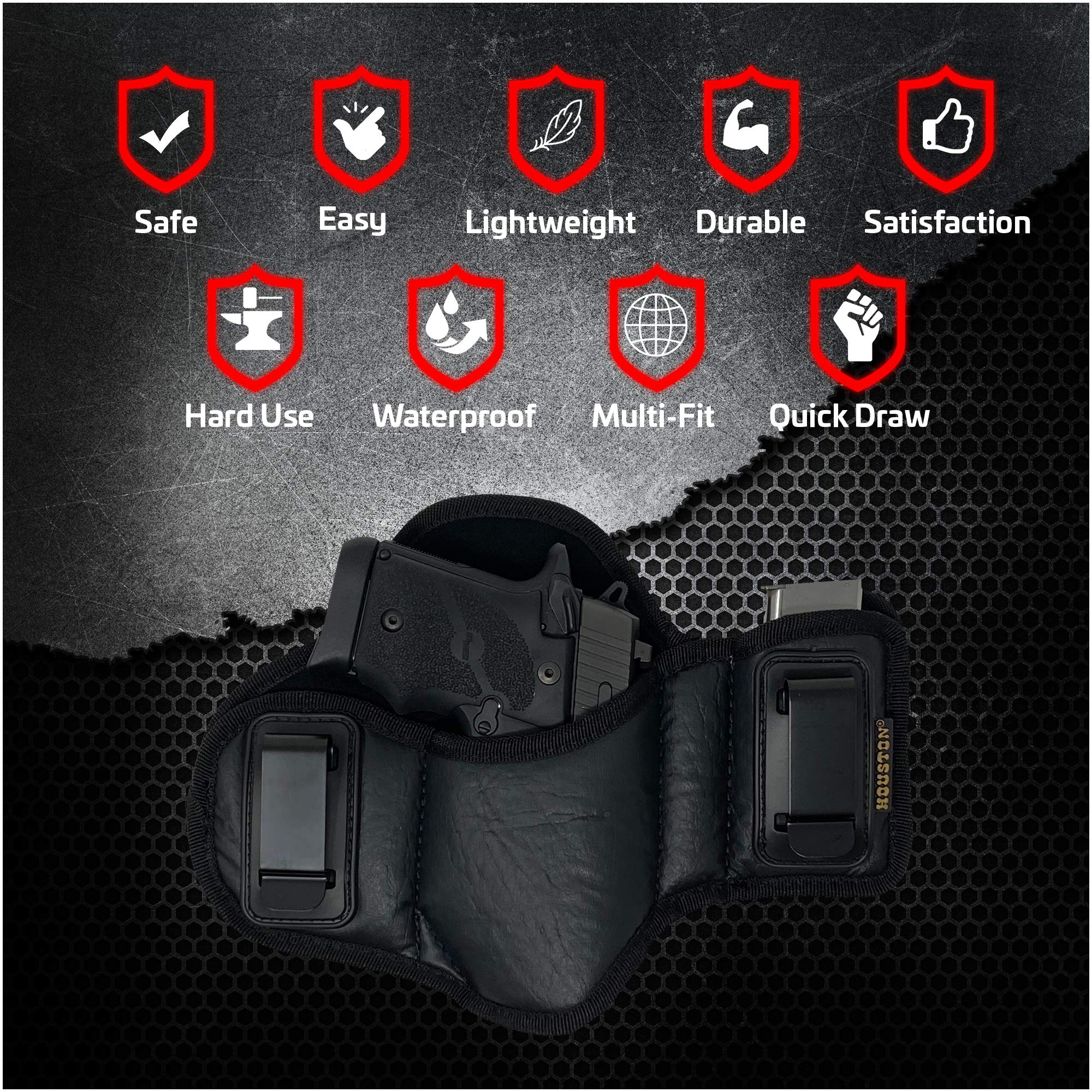 Tactical Pancake Gun Holster Houston - ECO Leather Concealed Carry Soft Material | Suede Interior for Protection | IWB | with Mag Pouch | Fits: Glock 42 43 | Kahr 9mm .40 .45 | Bersa .380 | Ruger LC9