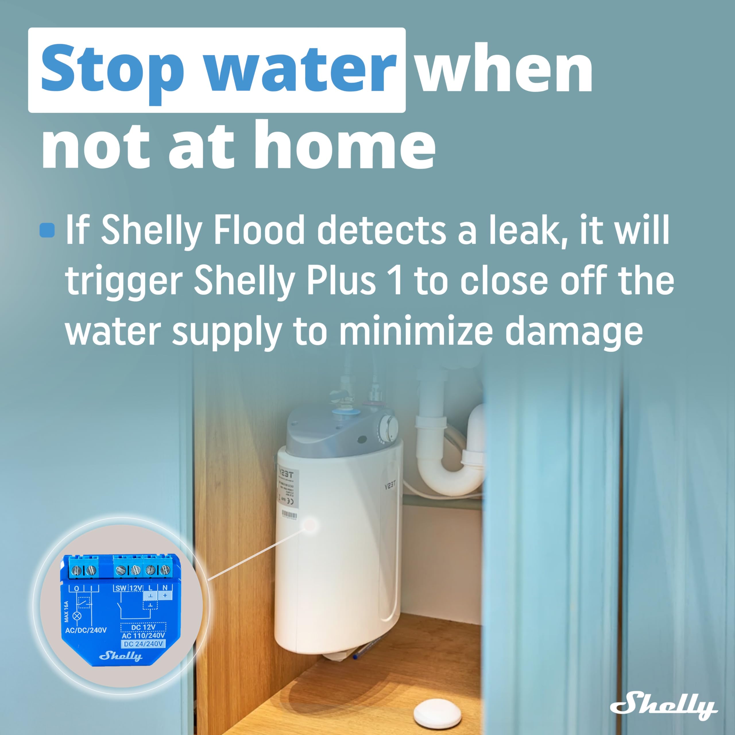 Shelly Flood | Wireless Flood Sensor with Temperature Measurement | Home Automation | iOS Android App | Dripping & Leaking Alarm | Floor Heating Control | Compact Design | Easy to Use