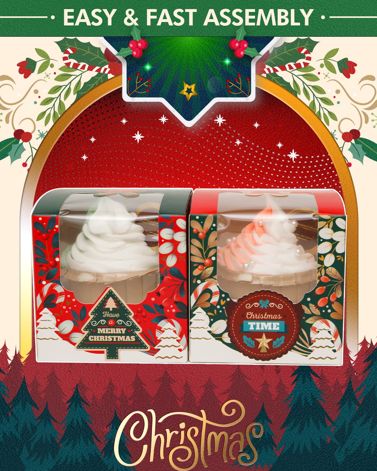 qiqee Christmas 100pcs Auto-Pop Up Mini Cupcake Boxes Individual 2.5" x 2.5" x 2.5" Single Cupcake Carrier Container for Christmas(Mini Size)