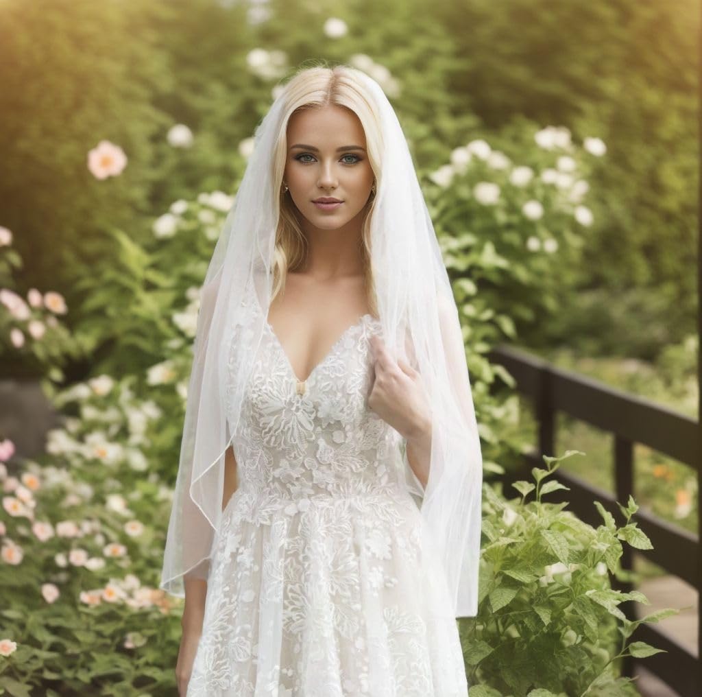 SAMKY 1T 1 Tier Pencil Edge Bridal Wedding Veil - Light Ivory Elbow Length 30"
