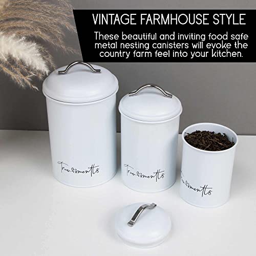 True Moments Nesting Kitchen Canisters, Set of 3 for Countertop Storage, Airtight White Farmhouse Canister Jars with Removable Chalkboard Labels and Marker (White, Black)