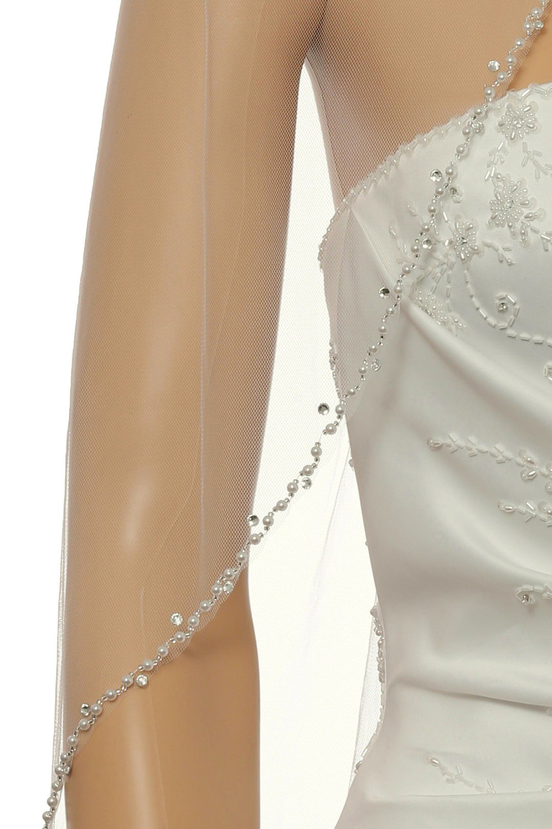 SAMKY 1T 1 Tier Wavy Pearl Crystal Beaded Bridal Wedding Veil - Light Ivory Elbow Length 30" V505