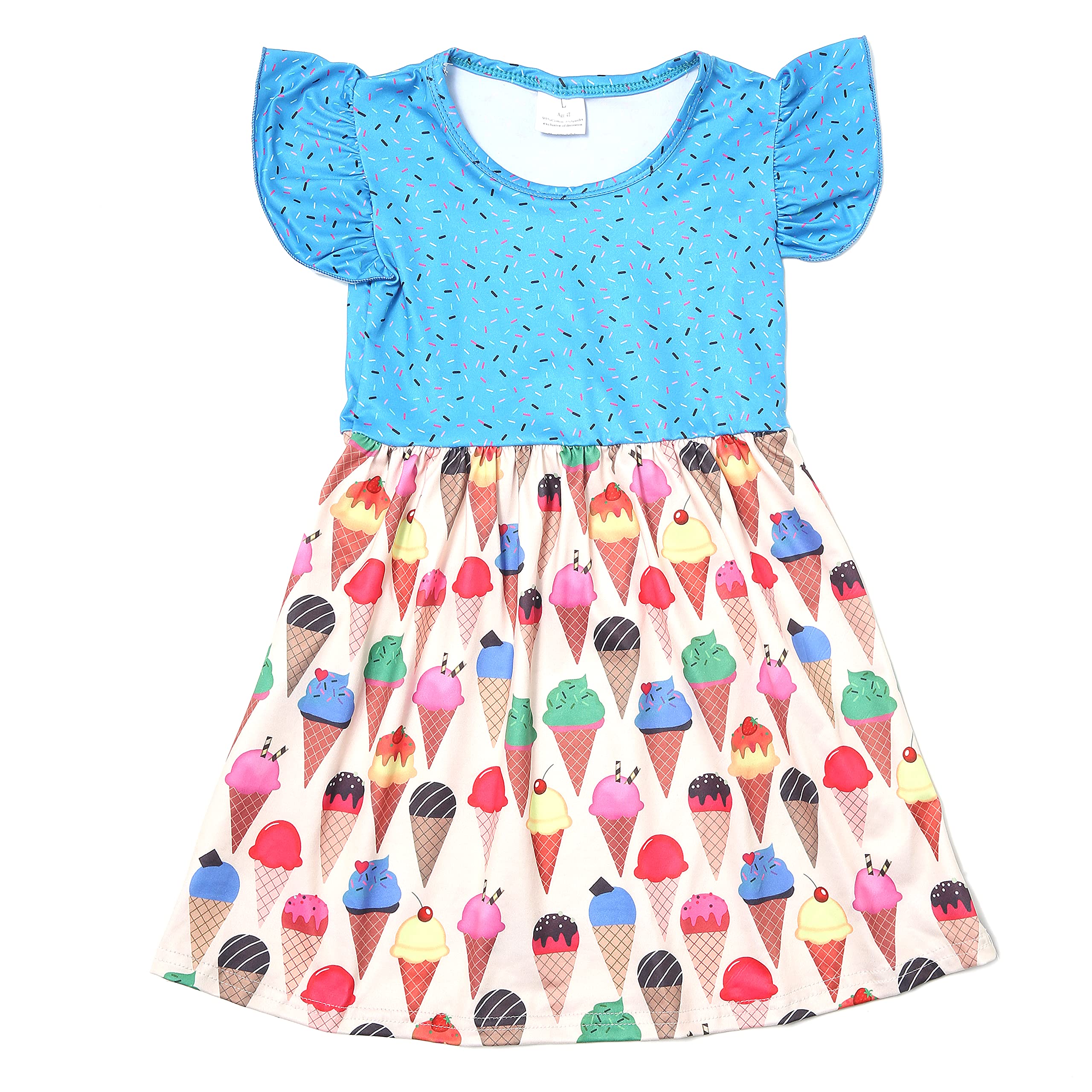 Toddler Girls Ice Cream Pattern Dresses Ruffle Bottom Blue Flutter Sleeve Summer Apparel 4-5T