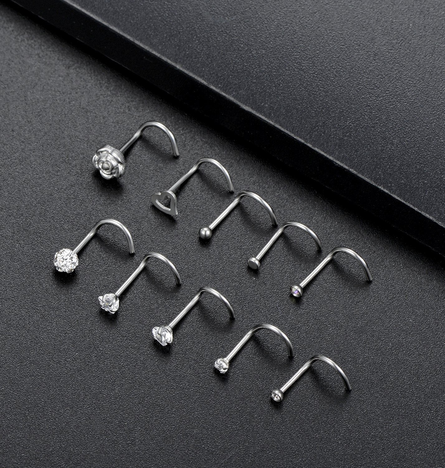 Tornito 20G 20Pcs Stainless Steel Nose Screw Studs Rings CZ Nose Ring Labret Nose Piercing Jewelry for Men Women (A1:20Pcs)