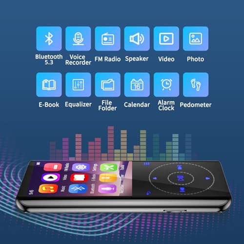 RUIZU 64GB MP3 Player with Bluetooth 5.3: Portable Music Player with Speaker, FM Radio, Voice Recorder, HiFi Lossless Digital Audio Video Playback, 2.4" Curved Screen, Touch Buttons, Supports 128GB