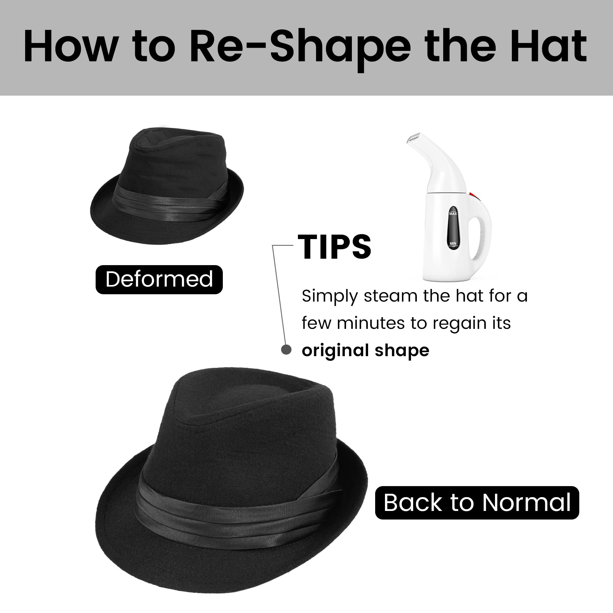 Simplicity Mens Hats Fedora Cool Teardrop Crown Fedora for Men Trilby Hat Pinstripe with Black Band Fedora for Women