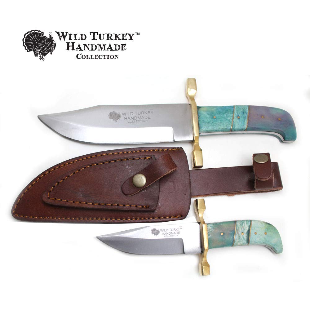 Wild Turkey Handmade Collection 2 Piece Collector Hunting Knife Set w/Leather Sheath Hunting Camping Fishing (Blue Bone)