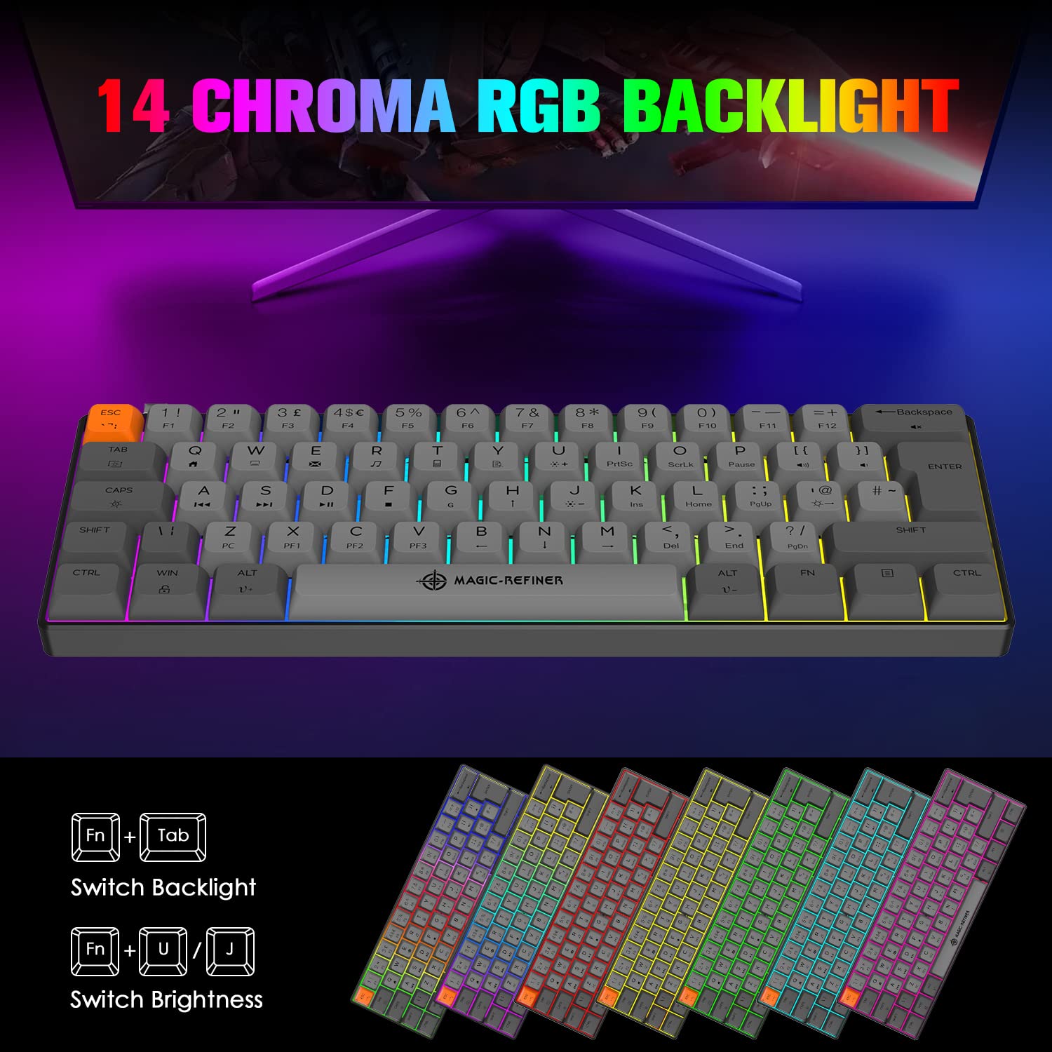 Small Mechanical Gaming Keyboard Type-c Wired with PBT Dye-subbed Keycaps Rainbow RGB Backlit 60% Layout Full Anti-Ghosting 62 Key Ergonomic for Typist Laptop PC Mac Gamer (Gray/Brown Switch)