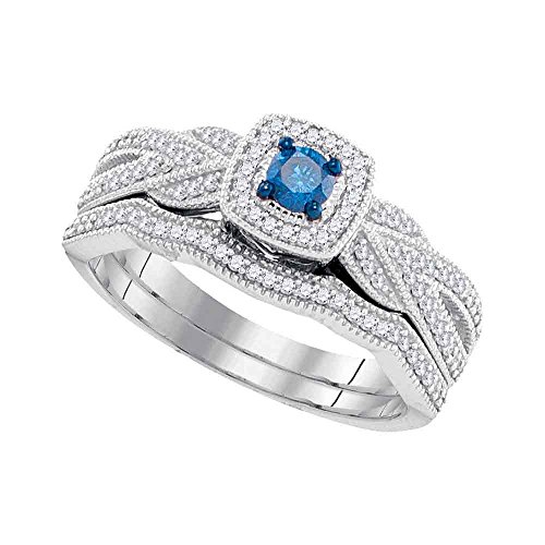 Sonia Jewels Size 11-10k White Gold Round Blue Diamond Milgrain Bridal Wedding Engagement Ring Band Set 3/8 Cttw