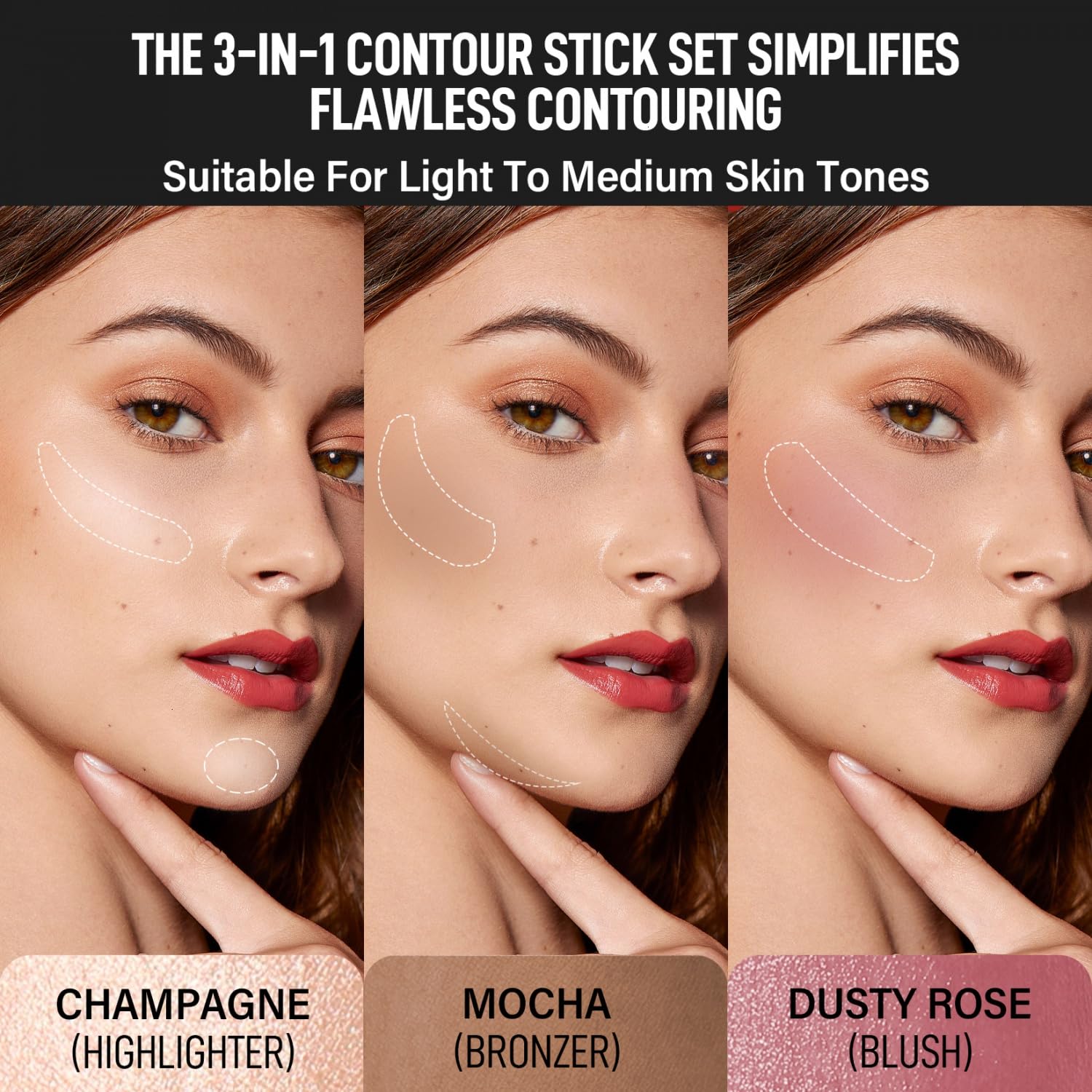Yoken 3 PCS Contour Stick Kit - Makeup Stick with Highlighters, Bronzer Contour, and Blush - Waterproof and Sweat-Resistant Multifunctional Cream Contour Stick - Large Capacity - Light-Medium