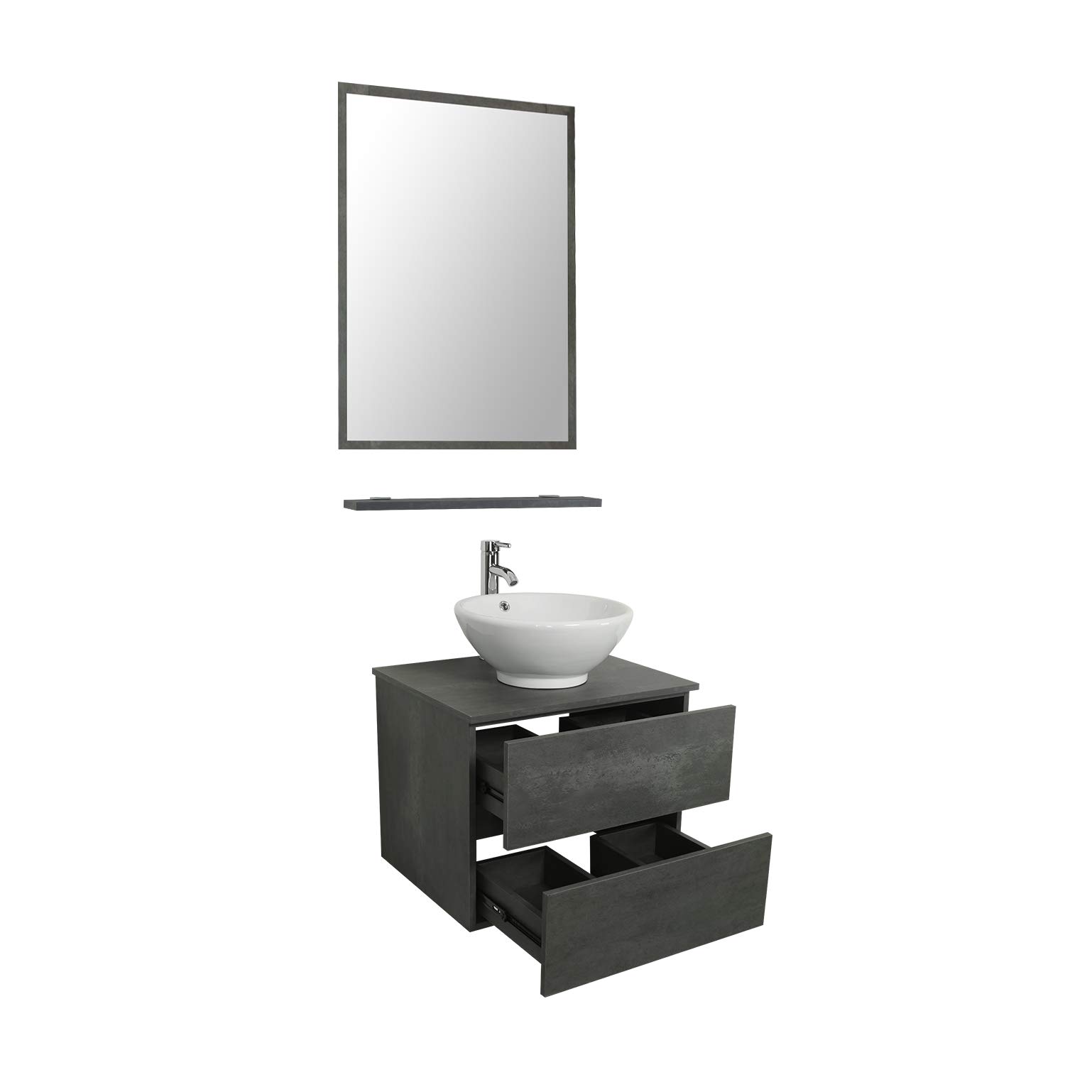 U-Eway 24 Wall Mounted Bathroom Vanity and Sink Combo,Concrete Grey Color Vanity Set with 2 Drawers,White Ceramic(Round) Vessel Sink Top,W/Polish Faucet,Pop Up Drain,Mirror Inc